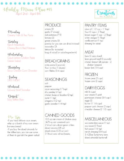 Weekly Menu Plan #13 - Creations by Kara