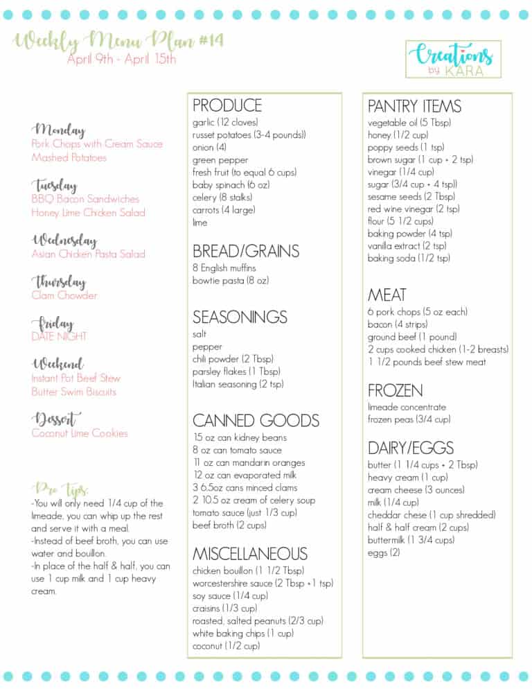 Weekly Menu Plan #14 - Creations by Kara