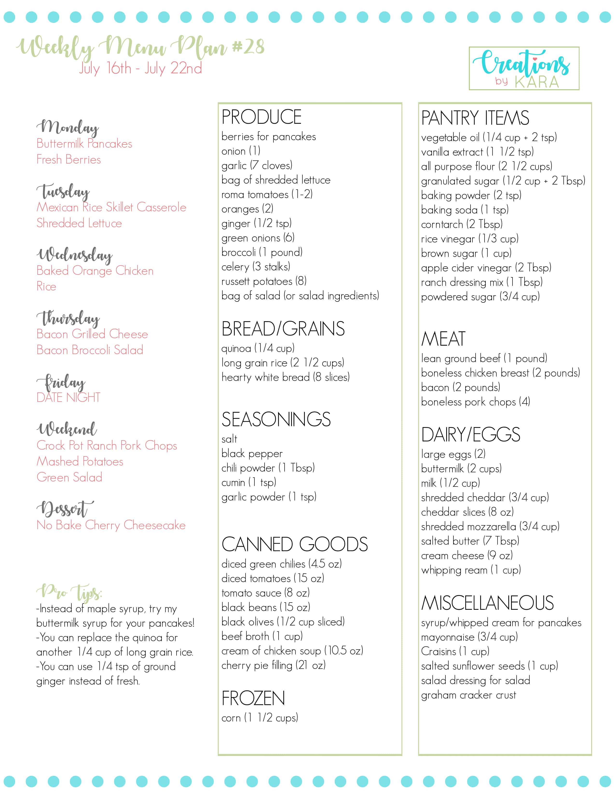 Weekly Meal Plan #28 - Creations by Kara
