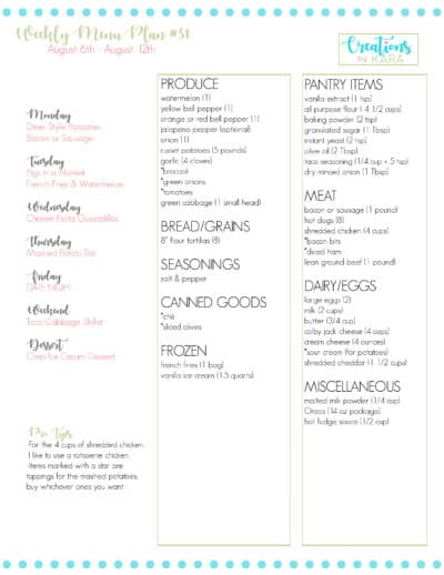 Weekly Meal Plan #31 - Creations by Kara
