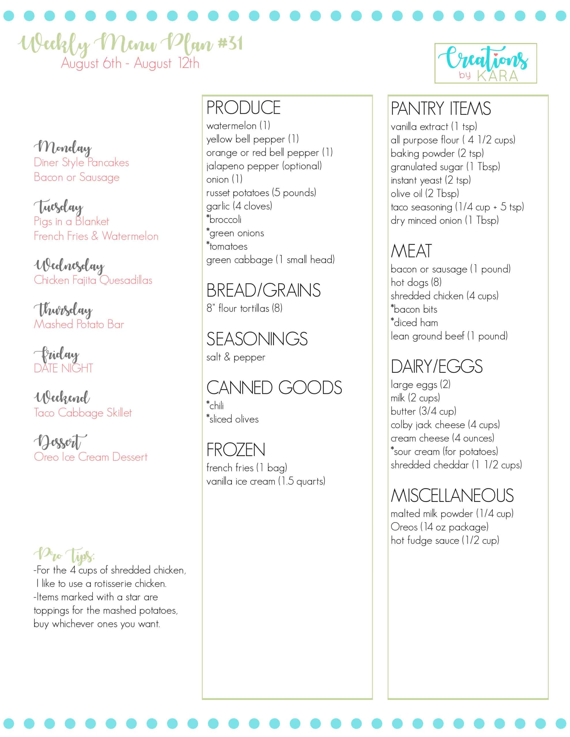 Weekly Meal Plan #31 - Creations by Kara