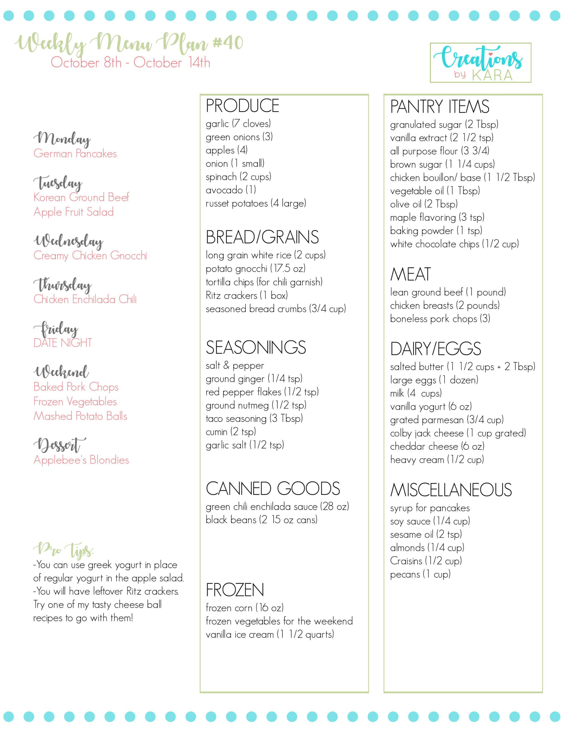 Weekly Meal Plan 40 Creations By Kara