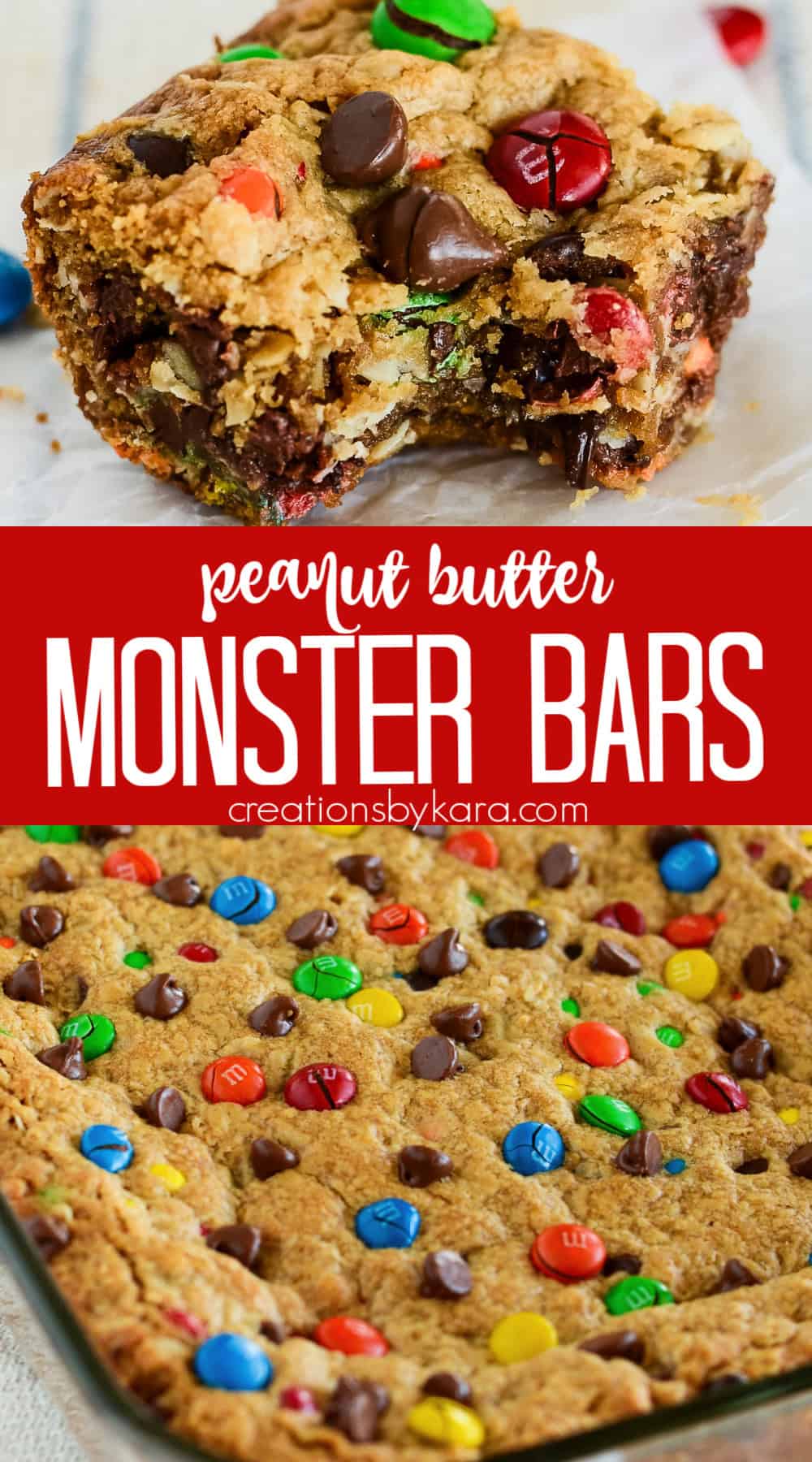 Peanut Butter Monster Cookie Bars Recipe - Creations by Kara