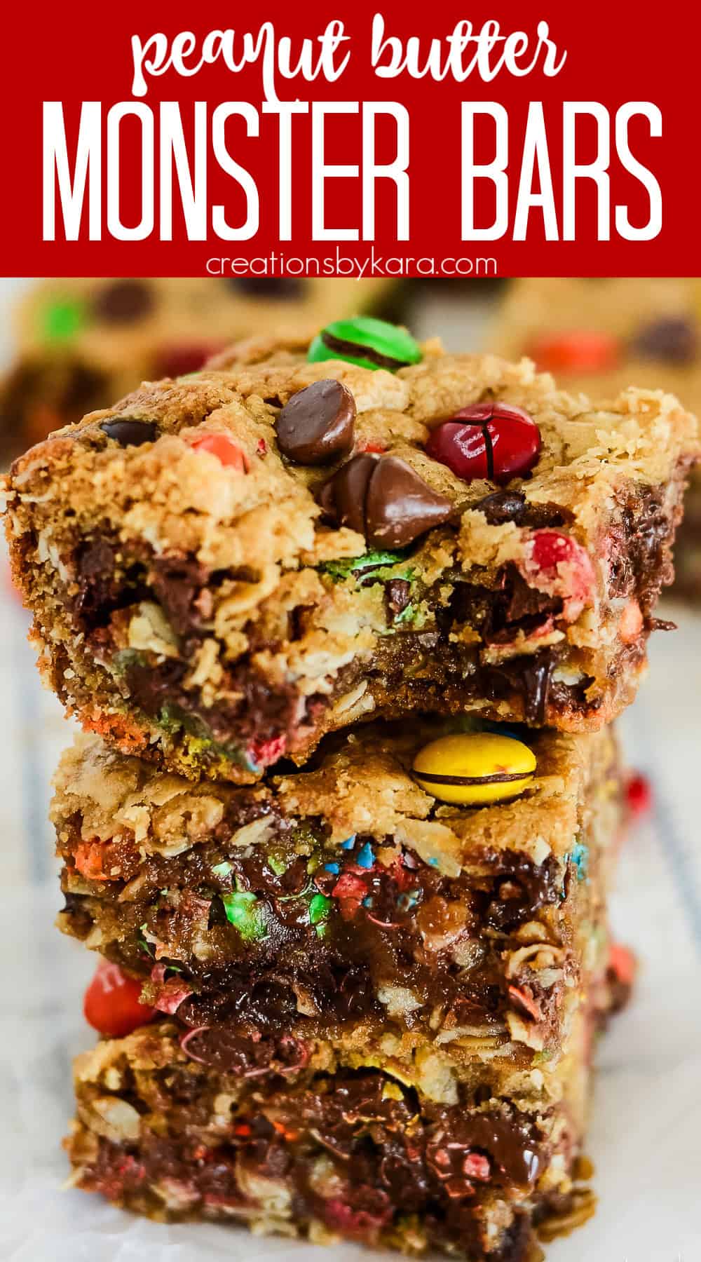 Peanut Butter Monster Cookie Bars Recipe - Creations by Kara